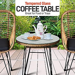 SereneLife 3 Piece Chat, Outdoor Living Rattan Furniture Set Includes 2 Single Chairs w/Cushions and 1 Glass-top Coffee Table (Brown)