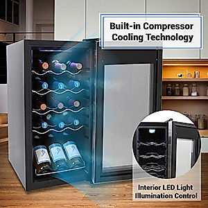 nutrichef 15 Bottle Refrigerator-White And Red Chiller Countertop Cooler-Freestanding Compact Mini Wine Fridge, Digital Control, Stainless Steel Door