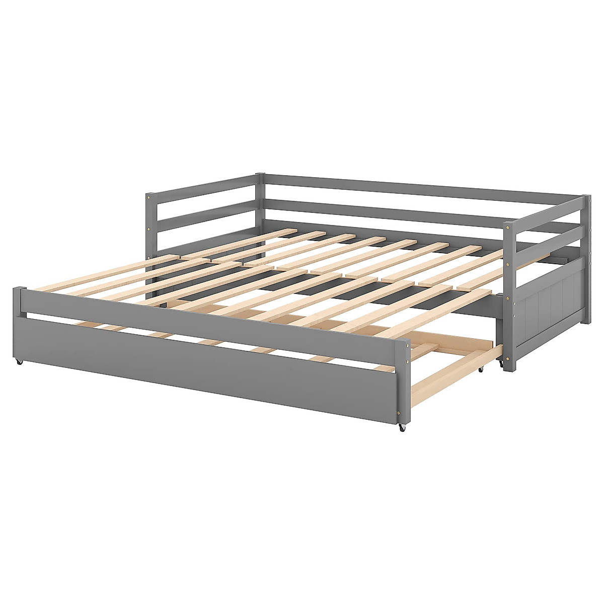 Merax Modern Extending Daybed with 2 Pop Up Trundle Beds Twin to King Wood Sofa Day Bed with Headboard No Box Spring Needed Grey