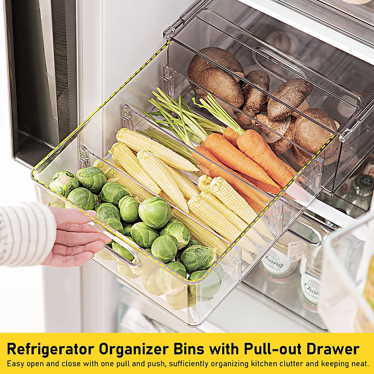 Greenby 4 Pack Refrigerator Organizer Bins with Pull-out Drawer Stackable Clear Fridge Drawer Organizer Fruit Vegetable Storage Containers for Kitchen Pantry Organization (2 Large+2 Small)