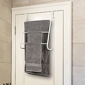 MyGift Modern White Metal 3-Tiered Bars Over-The-Door Bath Towel Holder and Clothing Hanger, Space Saving Bathroom Storage Door Hanging Drying Rack