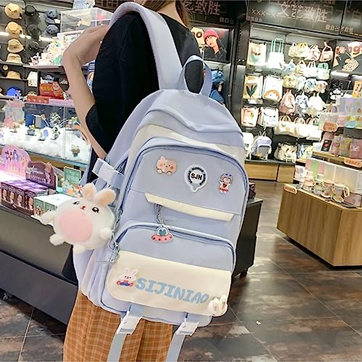 MIFJNF Cute Backpack Kawaii Backpack for School Aesthetic Backpack Kawaii School Supplies Cute Backpacks with Accessories (Blue)
