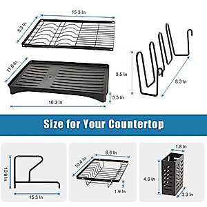 YWCMESDM Dish Drying Rack, Multifunctional Dish Rack with Drainboard & Utensil Holder, 2 Tier Stainless Steel Dish Racks, Dish Drainers with a Large Capacity for Kitchen Counter (Black)