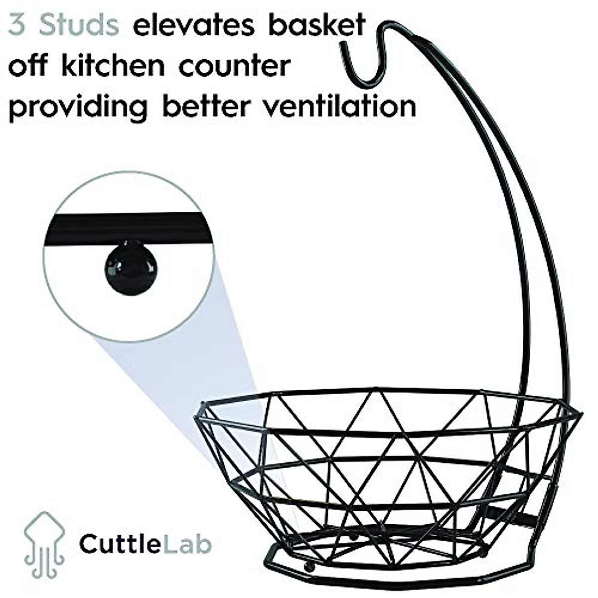 CuttleLab Fruit Basket with Banana Hanger (Black, 1-Tier), Fruit Bowl with Banana Holder, Fruit Bowl for Kitchen Counter used as Bread Basket, Vegetable Basket, Fruit Stand,Egg Holder with Banana Tree