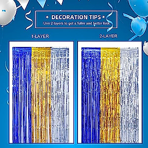 LOLStar 2 Pack Navy Blue Gold and Silver Party Decorations 3.3X6.6 ft Each Foil Fringe Tinsel Curtains Backdrop, Streamers - Perfect for Birthdays, Showers, Retirement， Graduations, Weddings