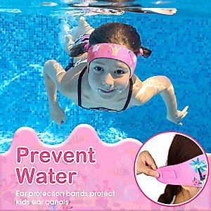 HESTYA Swimming Headband for Kids, 4 Pieces Adjustable Neoprene Swim Band Ear Protection, Cute Cartoon Head Ear Bands (Swan, Flamingo, Flower, Unicorn)