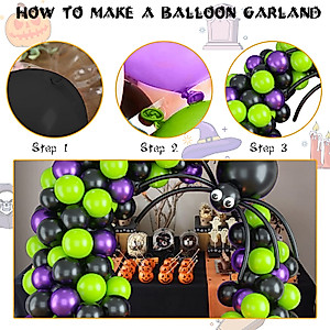 Halloween Balloon Arch Garland Kit with Big Spider DIY Balloons, Matte Black Lime Green Purple Metallic Latex Balloons Garland with Eye Balloons for Halloween Party Home Garden Outdoor Decorations