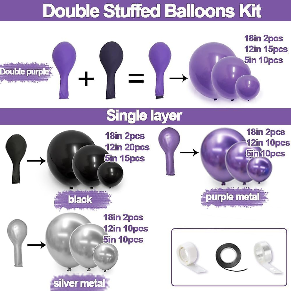 Black Purple Silver Balloon Garland - Double Stuffed Dark Purple Black Balloons Metallic Silver Lavender Lilac Balloon Arch Kit for Halloween Wednesday Birthday Graduation Wedding Party Decoration