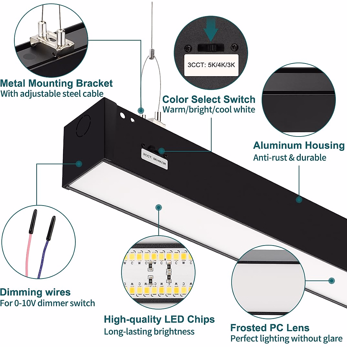 kadision 8FT LED Linear Light, 100W 13000lm 3000K/4000K/5000K Selectable, 0-10V Dimmable Suspended Linear Light Fixture for Office Retail Showroom, ETL-Listed 2-Pack