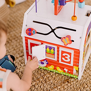 Melissa & Doug First Play Slide, Sort & Roll Wooden Activity Barn with Bead Maze, 6 Wooden Play Pieces (11.75” x 11.75” x 20” Assembled)