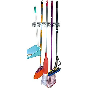 JOEY'Z Mop and Broom Holder Hanging Wall Mounted Rack Organizer, 5 Slots and 6 Hooks