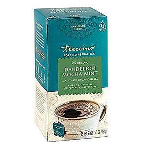 Teeccino Dandelion Mocha Mint Tea - Caffeine Free, Roasted Herbal Tea with Prebiotics, 3x More Herbs than Regular Tea Bags, Gluten Free - 25 Tea Bags