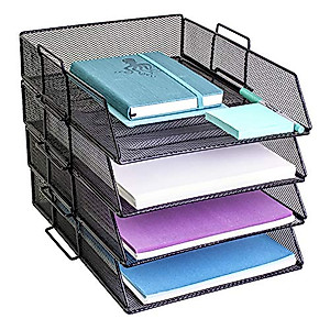 4 Tier Pack Stackable Tray Office Desk Organizer File and Desktop Holder for Paper Letter Accessories Black Discount Pack by MissionMax