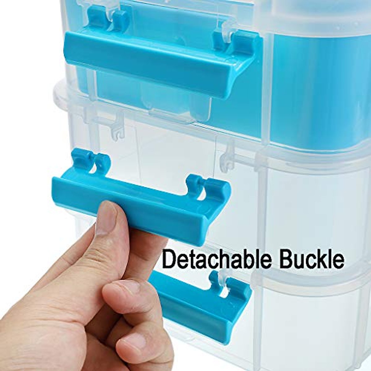 JUXYES 3-Tiers Stack Carry Storage Box With Divided Tray, Transparent Stackable Storage Bin With Handle Lid Latching Storage Container for School & Office Supplies (Blue)