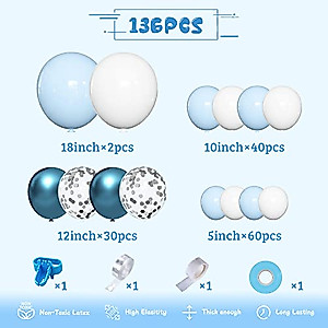 Blue Balloons Garland Arch Kit, 136pcs Metallic Blue White Silver Confetti Balloons Baby Blue Balloon Arch Kit for Boy Baby Shower Birthday Wedding Frozen Party Decorations