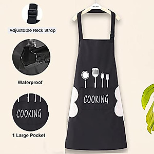 Adjustable Kitchen Apron with Hand Wipe, Water-drop Resistant with 1 Pocket Cooking Bib Apron for Women & Men (BLACK)