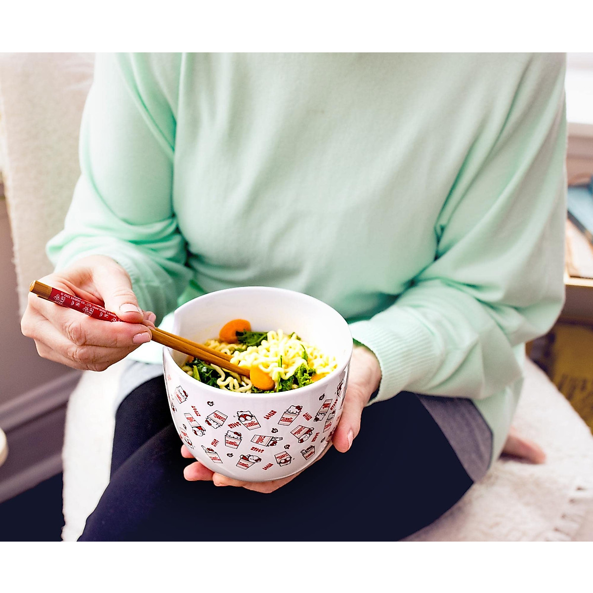 Toynk Sanrio Hello Kitty x Nissin Cup Noodles Ceramic Dinnerware Set | Includes 20-Ounce Ramen Noodle Bowl and Wooden Chopsticks