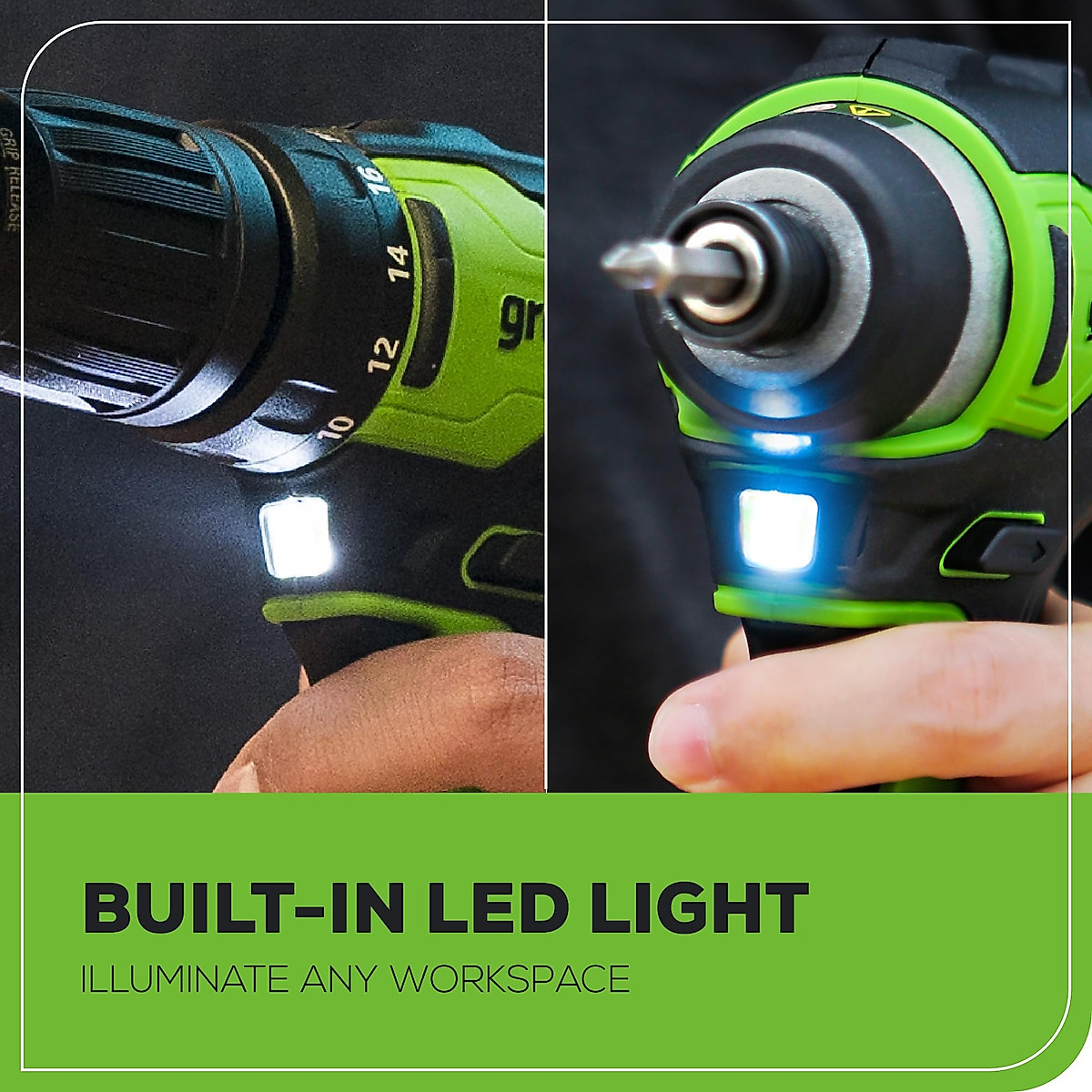 Greenworks 24V Cordless Drill Impact Driver Combo kit, 1/2” Drill & 1/4” Hex Impact Driver Brushless Power Tool Kit, Included 2 Batteries, 1 Charger, 8 pcs Bit Set & Bag