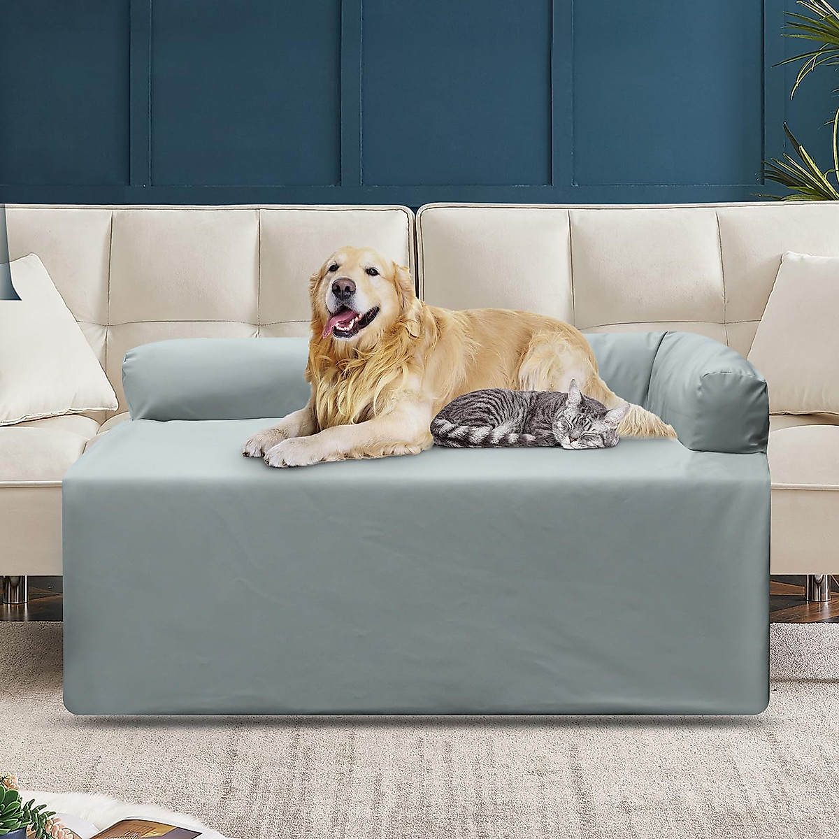 TNELTUEB Calming Dog Couch Bed for Extra Large Dog, Cooling Mat for Dogs, Waterproof & Anti Dogs Cats Scratch Cloth for Pet Couch Protector, Dog Mat Sofa Bed with Soft Neck Bolster (XL,Grey)