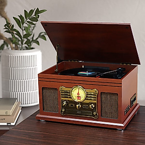 3-Speed Bluetooth Turntable with Stereo Speakers, CD/Cassette Player, FM Radio and Wireless Music Streaming - Mahogany