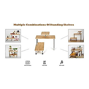 PETUPPY 3 Tier Corner Shelf-Bamboo & Metal Spice Rack with Hooks-Desk Bookshelf Display Shelves Space Saving Organizer,Freestanding Countertop Display Shelves for Bathroom & Office
