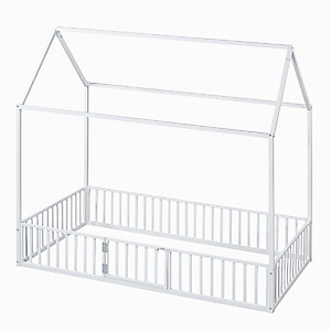 Bellemave Twin Size Montessori House Bed for Kids, Metal Floor Beds with Fence Railings & Door, Twin Playhouse Bed for Boys Girls, Box Spring Needed, White