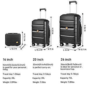Somago 3 Pieces Luggage Set(14/20/24) PP Lightweight 4 Double 360 Degrees Mute Spinner Wheels Suitcase with TSA Lock & YKK Zipper (Classic Black)