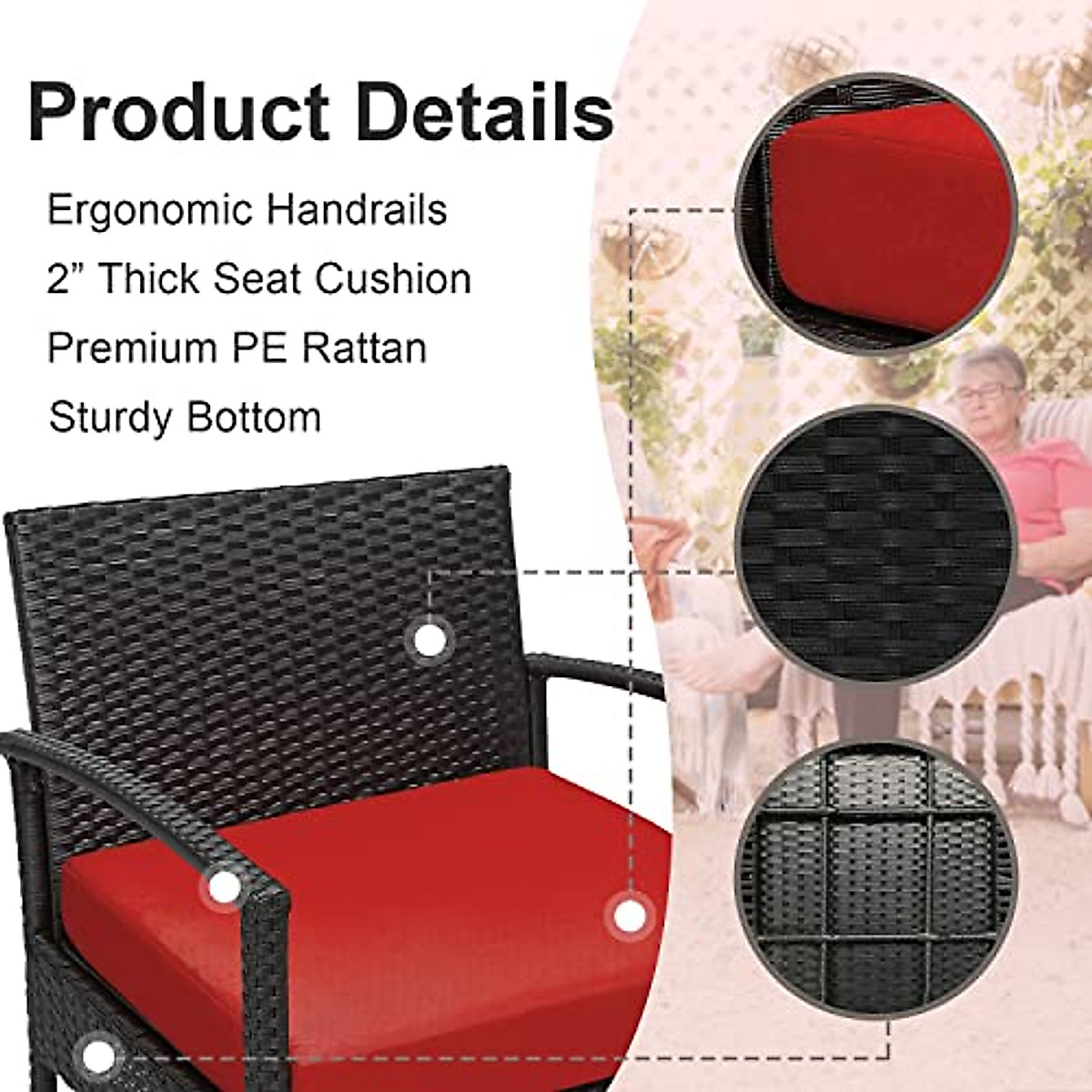 MOOWIND Balcony Furniture Front Porch Bistro Set 3 Piece Outdoor Small Patio Chairs Conversation Set Rattan Wicker for Backyard Pool Garden Lawn