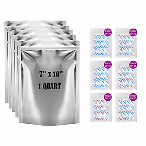 50 Pack 1 QUART Mylar bags for Food Storage With 60 Pack 300cc Oxygen Absorbers Stand-Up Zipper Pouches Resealable for Long Term Food Storage (7" x 10")