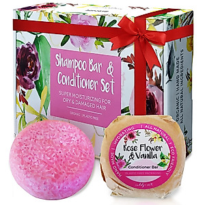 Solid Shampoo and Conditioner Bar - Eco Friendly Hair Care, Dry and Damaged Hair Treatment, Rose and Vanilla Scented, Jojoba Oil, Argan Oil For Hair, Zero Waste, 3 In 1 Shampoo, Hydrating Set 2 Bars
