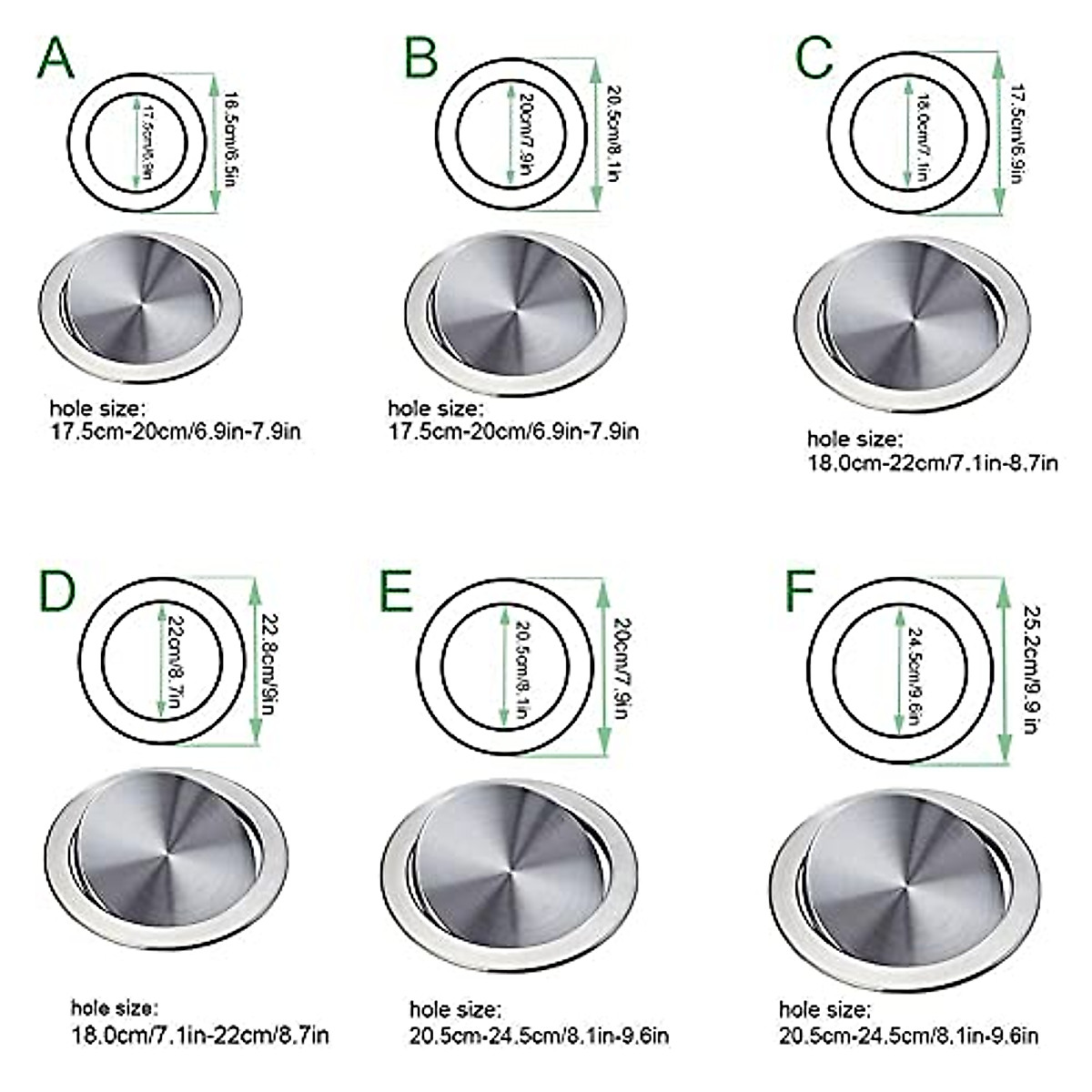 Stainless Steel Garbage Lid Round Recessed Counter Top Cover Trash Bin Built-in Balance Flap Cover Auto Flap Trash Grommet Flexible Swing Trash Can Lid Accessories for Home Kitchen Garbage Use (304material,20.5cm)