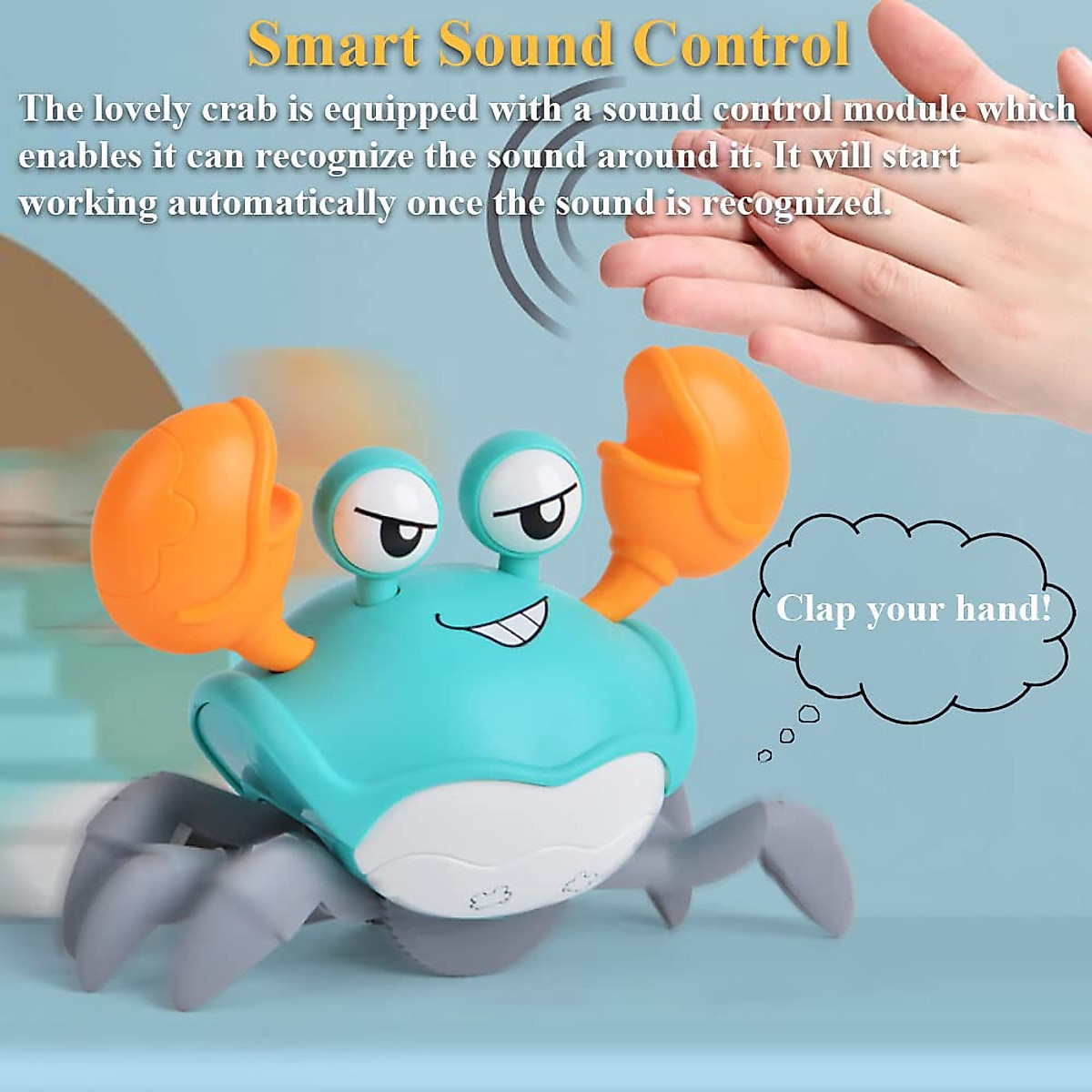 NEXTAKE Sound Control Crawling Crab Toy, Voice-Activated Crab Toy Interactive Dancing Crab Child Development Crawling Toy with Music, Lights and Projection Function-Eyes Can Move (Blue)
