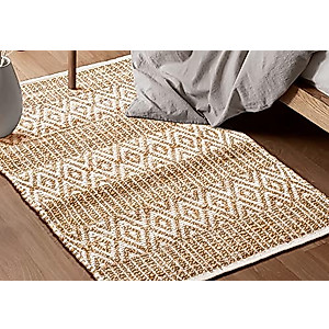 Jute Cotton Handloom Rug 2x3 Feet Floor Mat 24x36 Inch Farmhouse Area Rugs Natural Braided Doormat for Kitchen Entryway Pets Playing - Natural/White