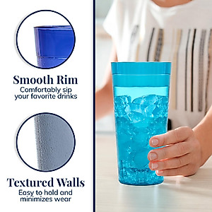 US Acrylic Café 20-ounce Plastic Restaurant Style Lightweight Stackable Beverage Tumblers | Reusable, BPA-free, Made in the USA, Top-rack Dishwasher Safe | Water Cups set of 16 in 4 Coastal Colors
