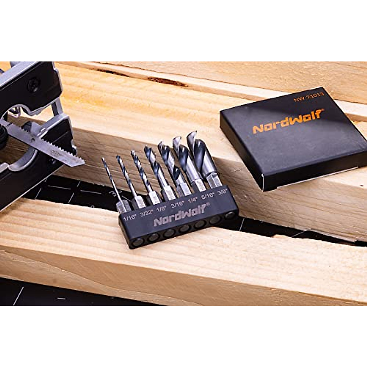 NordWolf 7-Piece HSS Brad Point Stubby Wood Drill Bit Set with 1/4" Hex Shank for Carpenter Woodworking, SAE Sizes 1/16"-3/32"-1/8"-3/16"-1/4"-5/16"-3/8"