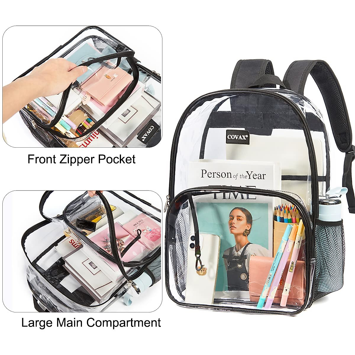 COVAX Clear Backpack, See Through Clear Bookbags, Water-resistant PVC Transparent Backpack for School, Work, Security, Sporting Events