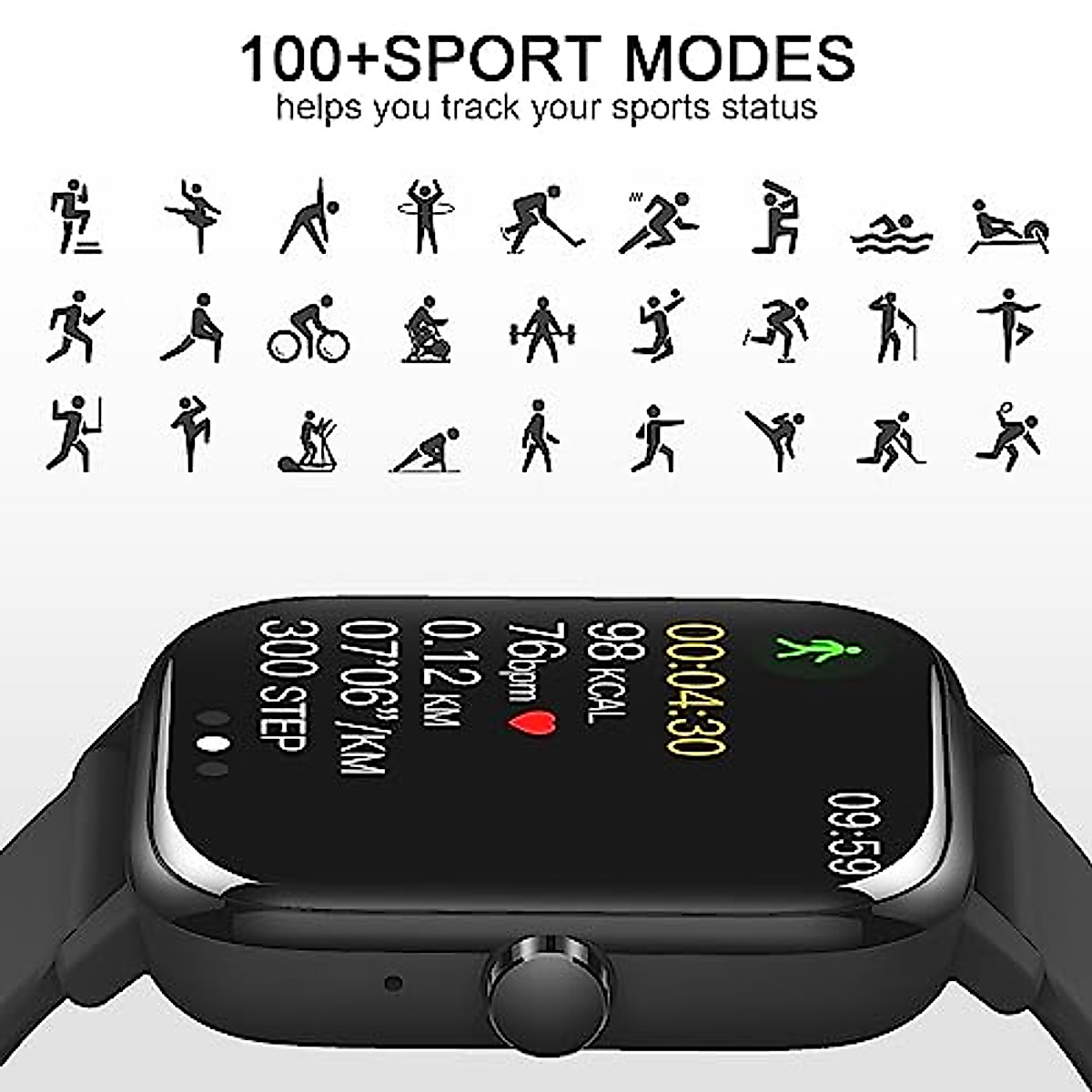 KAKTIN Smart Watch for Men Women，Smartwatch with Bluetooth Call(Answer/Make Call)， 1.85" Touch Screen Fitness Watch Tracker with IP68 Waterproof, 100+Sports Compatible with Android iPhone iOS (Black)
