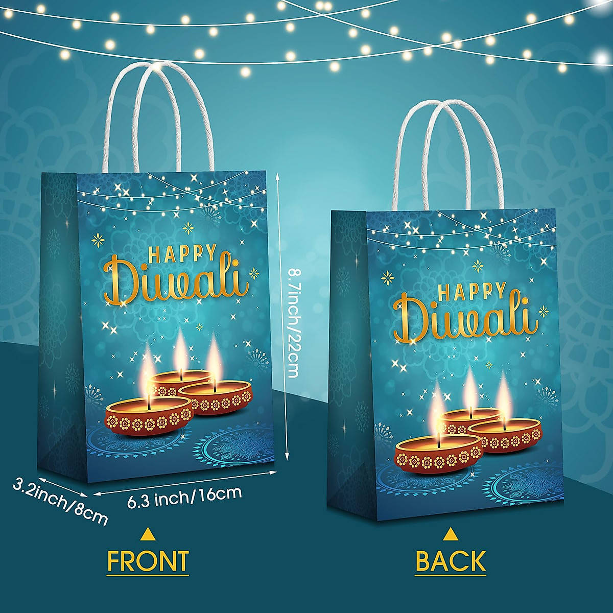 Cholemy 18 Pcs Happy Diwali Gift Bags Bulk Festival of Lights Favors Bags with Handles and Sydney Paper Diwali Birthday Present Bags Deepavali Party Supplies for Indian Diwali Light Party Decoration