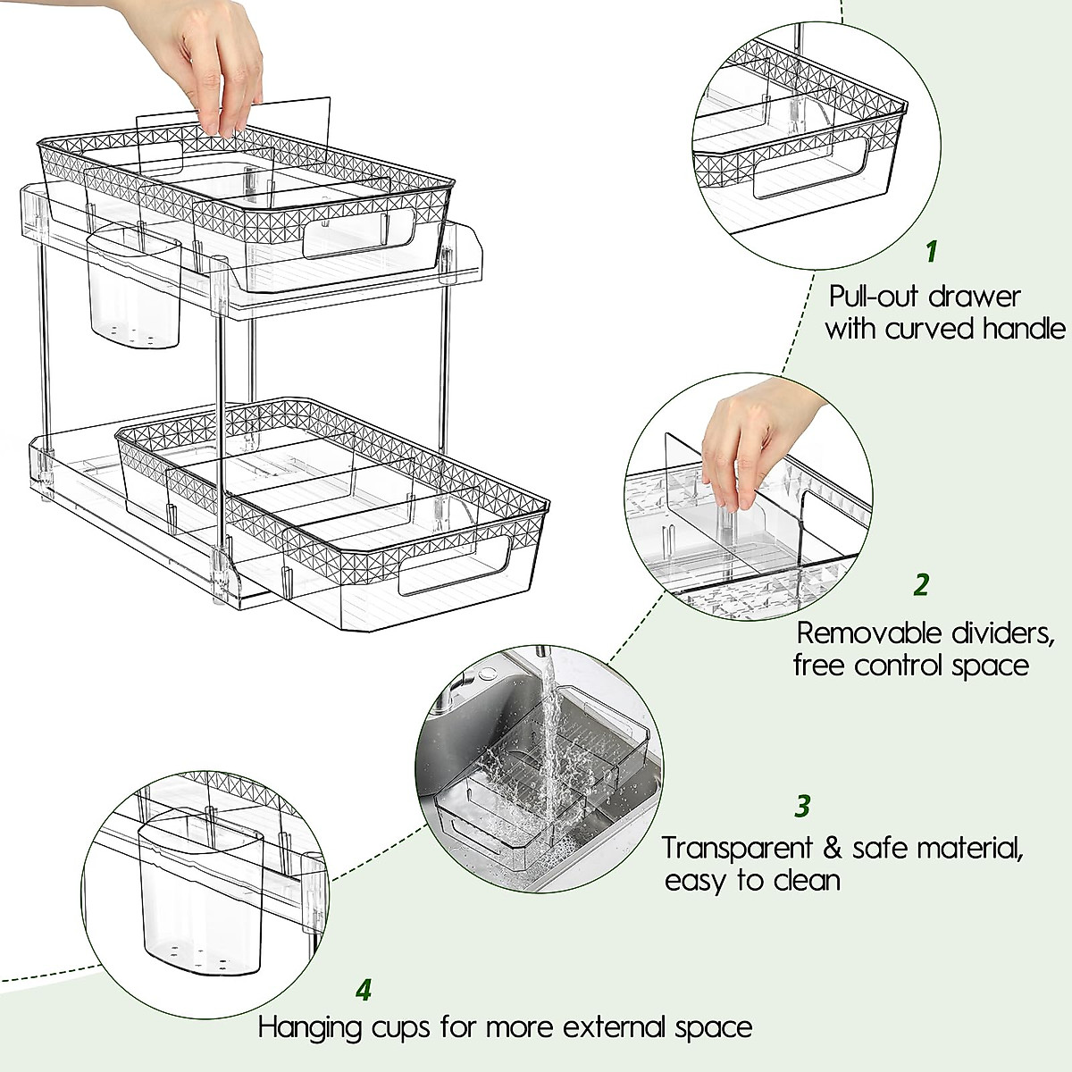 RIKOJUXI 3 Packs 2 Tier Under Sink Organizer with Removable Dividers and Stackable Design, Multi-use Pantry Organizers and Storage, Pull Out Cabinet Organizer Bathroom Counter Organizer