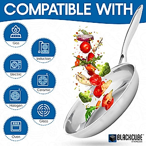 Black Cube Stainless Steel 9.5-inch Frying Pan, 3 Ply Professional Grade Steel Skillet, Sliver, Dishwasher Safe