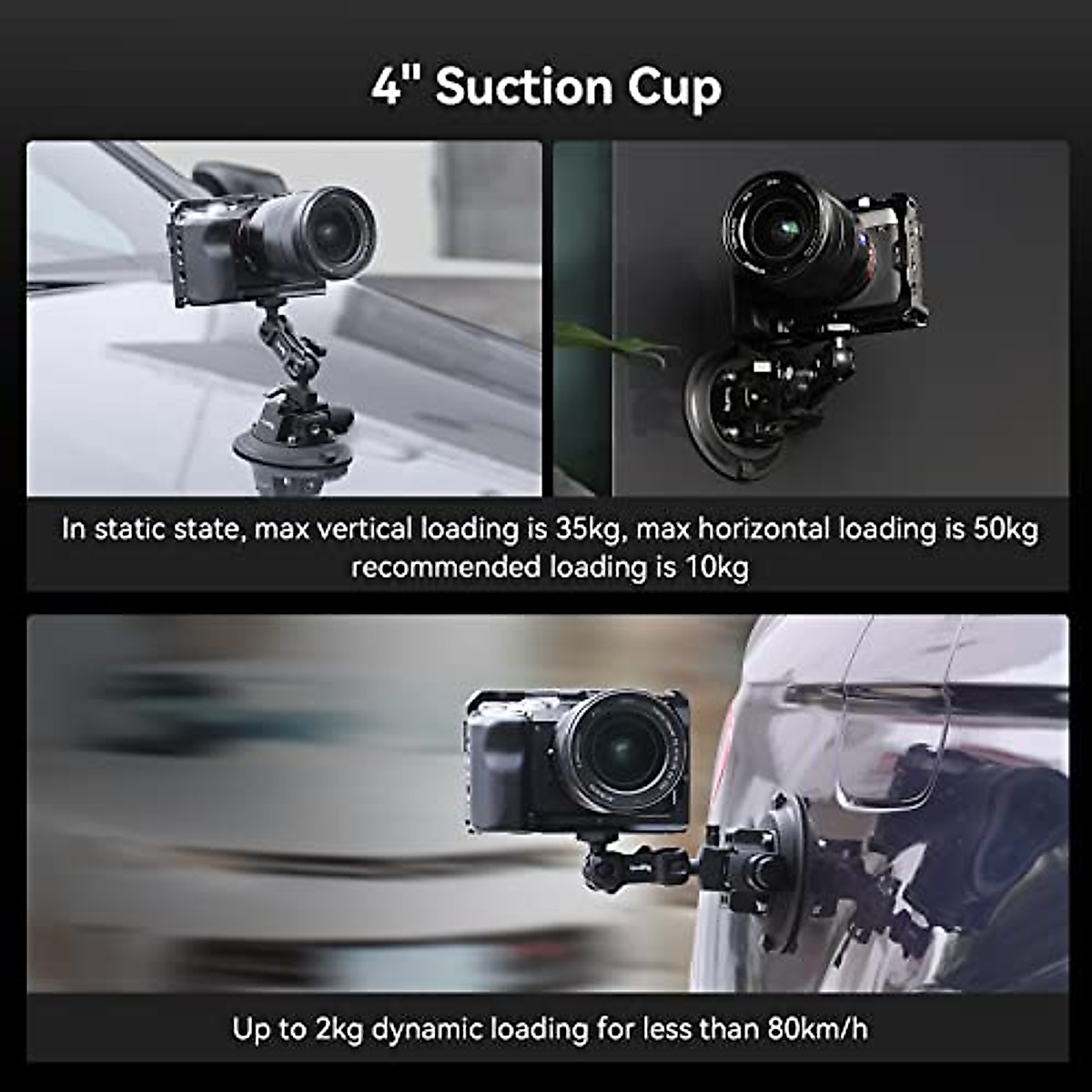 SMALLRIG 4″ Suction Cup Camera Mount, Car Mount for Cameras/ Smartphones on Car/ Clean and Smooth Surfaces, Max 2kg Load for Speeds up to 80km/h (50mph), Recommend 10kg Load When Stationary - 4122