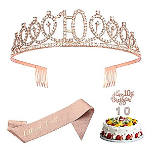 AIEX 4pcs Rose Gold Birthday Decorations Kit, Including Birthday Crown and Sash Cake Topper Cake Number Candles Birthday Girl Decorations(10th Birthday)