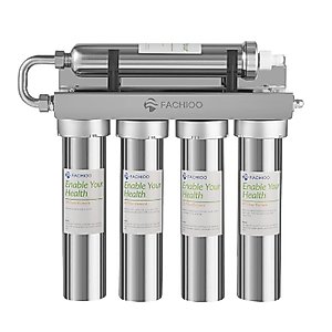 FACHIOO Stainless Steel Water Filter for Sink,0.01μm Ultra-Filtration Under Sink Water Filter System,Tankless 5-Stage High Capacity, Reduces PFAS, PFOA/PFOS,Chlorine,Bad Taste Odor(5 Filter Included)