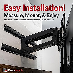 MantelMount MM340 Above Fireplace Pull Down TV Mount - with Patented auto-straightening, auto-stabilization, 2 Gas Pistons, Adjustable Motion Stops, Wire tabs & Safety Pull-Down Handles