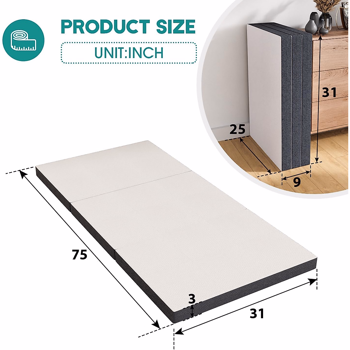 Folding Mattress, Twin Size Foldable Mattress Topper with Washable Cover, Portable Memory Foam Trifold Mattress for Camping, Guest, Yoga, Travel, Certipur-US Certified, 3 Inch, Narrow Twin