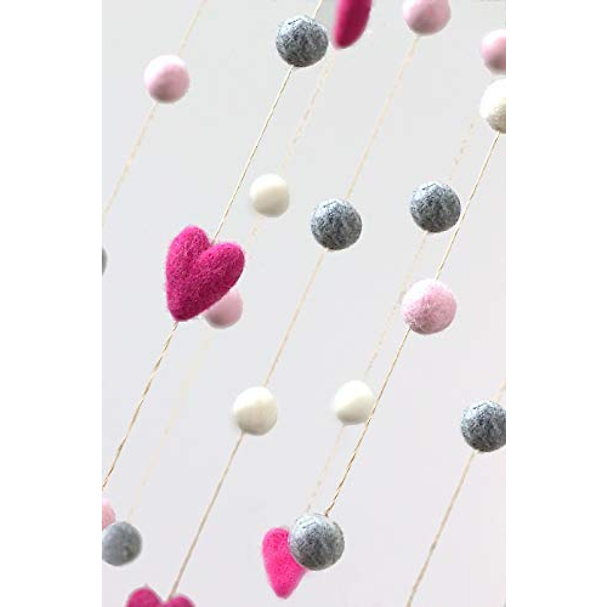 Felt Ball & Heart Nursery Ceiling Mobile- Hot Pink, Light Pink, Gray & White
