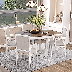 WOZNLA 5-Piece Dining Table Set - Round to Oval Extendable Butterfly Leaf Wood Table with 4 Upholstered Dining Chairs with Armrests - Ideal for Kitchen and Family Gatherings