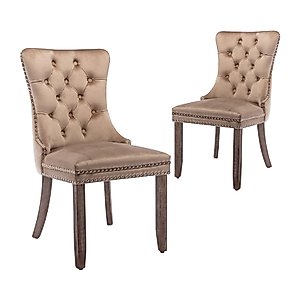 Hixkol Velvet Dining Chairs Set of 2,Upholstered Dining Chairs with Ring Pull Trim and Button Back,Modern Seating for Kitchen, Bedroom & Living Room(Khaki)