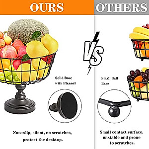 Black Fruit Basket for Kitchen, 2 Pack Metal Fruit Bowl for Kitchen Counter, Decorative Black Wire Baskets with Detachable Non-Slip Pedestal, Fruit Holder for Vegetable Bread Storage (11” & 8.7 “)
