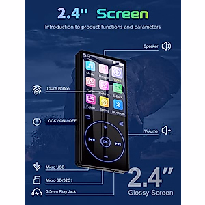 48GB MP3 Player with Bluetooth 5.0: Portable Lossless Sound Music Player with HD Speaker,2.4" Screen Voice Recorder,FM Radio,Touch Buttons,Support up to 64GB for Sport, Earphones Included